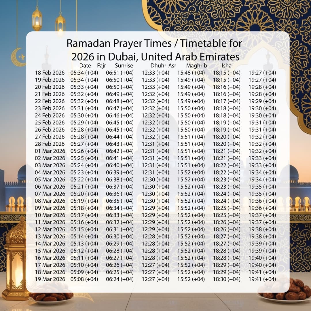 Ramadan Calendar UAE 2026 | Prayer Times, Iftar & Suhoor Schedule Dubai ...